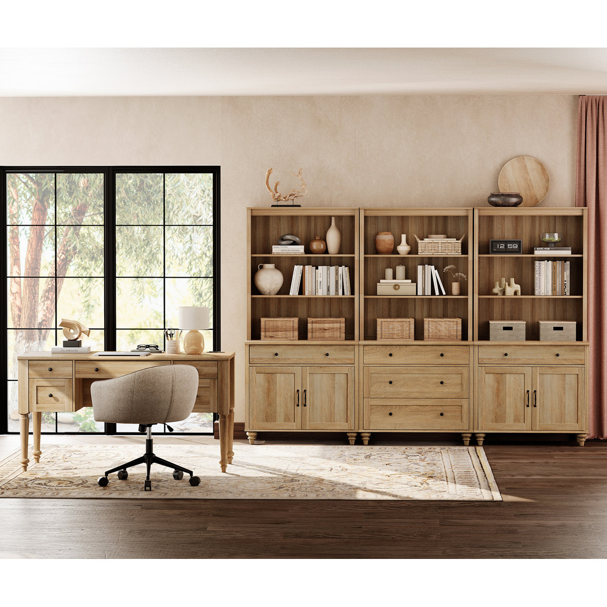 August Grove® 2 Piece Office Set, 56" Executive Desk, Bookcases With 5 Drawers And 2 Doors, Oak ...